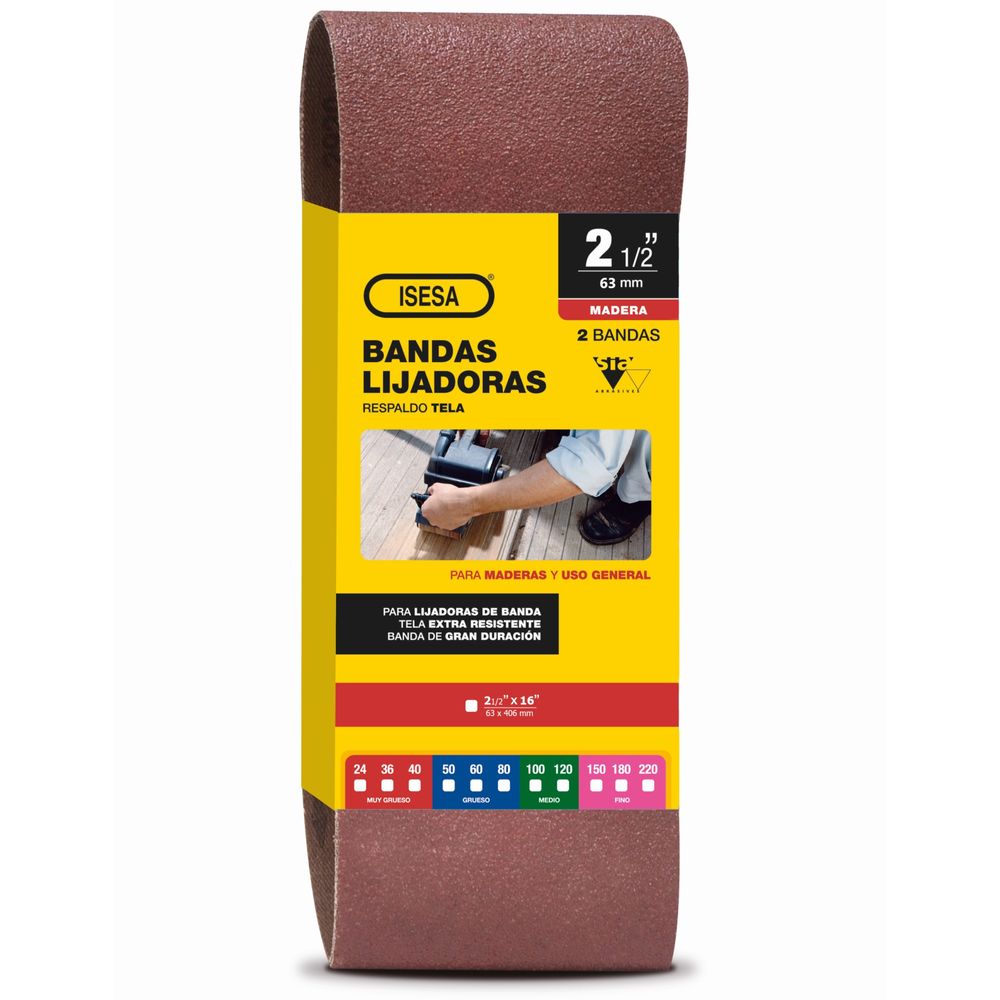 Pack 2 unid. Banda Lijas Madera - 2 1/2" x 16" #40 - Isesa. Lijas Chile - isesacl